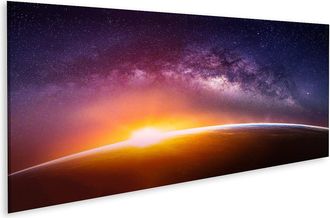 Islandburner Bild auf Leinwand Landschaft mit Milchstraße Galaxie Sonnenaufgang und Erde Blick aus dem Weltraum Bilder Wandbilder Poster IQPK-Pano
