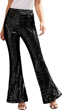 Generic Freizeithose Damen Glitzer Pailletten Hosen Hohe Taille Dehnbar Hip Hop Club Gl&auml;nzende Hose Elegant Jogginghose Party Club Kost&uuml;m mit Drawstring Baggy