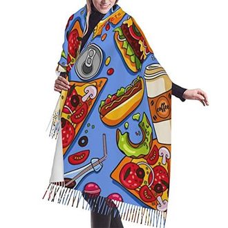 Generic Imprimé Longue Écharpe Châle Pizza et hot-dog de restauration rapide américaine Châle Respirant Wrap pour Mariage Noël Party 68X196cm