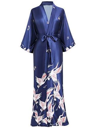 prodesign denmark BABEYOND Kimono Long en Satin Robe de chambre Longue pour Femme Peignoir Long Satin avec Motif Grue (Taille Unique) (Bleu fonc&eacute;)