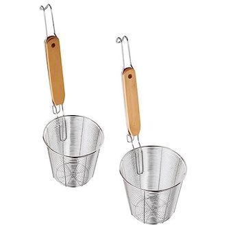 BESTONZON Hotpot Lot de 2 passoires &agrave; p&acirc;tes avec poign&eacute;e en bois en acier inoxydable - Passoire &agrave; blanchiment pour p&acirc;tes, spaghetti, boulettes, ramen
