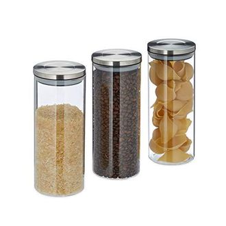 Relaxdays 10028000 Pots de Stockage Jeu de 3, 1l, étanche, Couvercle Acier INOX, pâtes, céréales et Riz Contenant pour Cuisine, Argent/Transparent, 24 x 9.5 x 9
