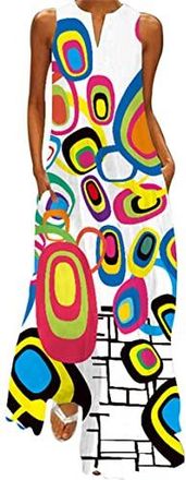 Ocean Plus Femmes Jupe Longue sans Manches Col V Robe Florale Imprimée Maxi Robe sans Manches avec Col en V (XL, Farbige geometrische Quadrate)