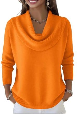 Generic Pull tricot&eacute; &agrave; col b&eacute;nitier pour femme - Pull drap&eacute; &agrave; manches longues - Coupe d&eacute;contract&eacute;e - Pull en tricot c&ocirc;tel&eacute; en peluche douce - &Eacute;l&eacute;gant - Pull d