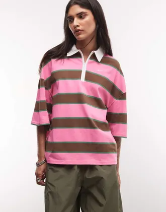 Nike polo ample &agrave; rayures rose et marron