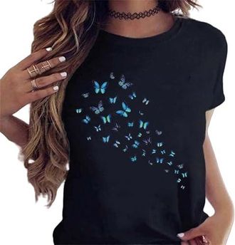 Keephen Papillon avec Fleurs T-Shirt Femmes Esth&eacute;tique Papillon Impression 3D T-Shirt Manches Courtes Col Rond Streetwear Dames &Eacute;t&eacute; Mignon Tops