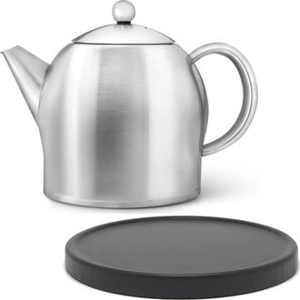 Bredemeijer gro&szlig;e matte doppelwandige Edelstahl Teekanne 1.4 Liter & Teebereiter ohne Filter & schwarzer Untersetzer aus Holz