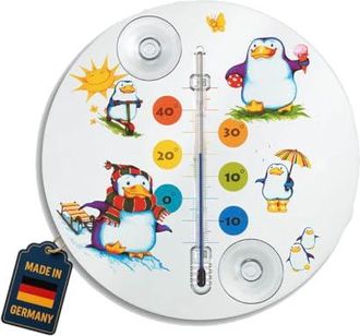 TFA Dostmann Pinguin Analoges Fensterthermometer, 14.6016.02, ideal f&uuml;rs Kinderzimmer, leichte Montage mit Saugn&auml;pfen