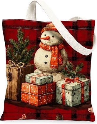 Generic Sac fourre-tout en toile de No&euml;l, bonhomme de neige festif et motif cadeau, sacs de courses r&eacute;utilisables, confortables, l&eacute;gers et lavables, Rouge, 13