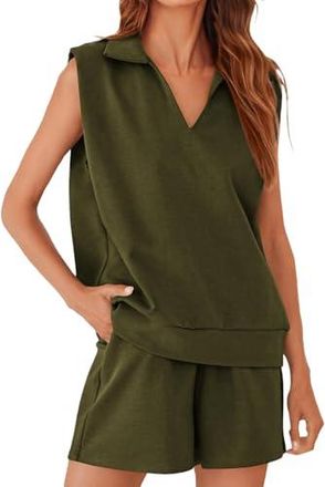Generic Ensemble 2 pi&egrave;ces court d&eacute;t&eacute; pour femme avec col en V et sans manches, Vert, XXL
