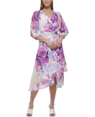 DKNY Womens Floral Print Faux-wrap V-Neck Tie-Waist 3/4 Balloon Sleeve Chiffon Midi Dress, Cream/Raspberry, 40