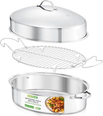 Nutrichef NutriChef Plat Four de Rôtissage Ovale51 cm avec Grille et Couvercle - Plat Inox en Acier Inoxydable de Haute Qualité avec Poignées Larges et Grille A