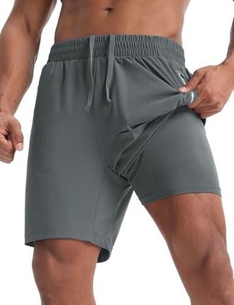 Baleaf Short de sport pour homme - S&eacute;chage rapide - Avec poche zipp&eacute;e - &Eacute;lastique doux, gris, L
