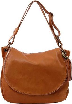 Tuscany Leather TLBag Sac bandouli&egrave;re besace en cuir souple avec pompon Cognac