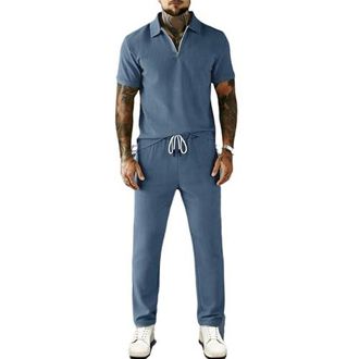 Generic Surv&ecirc;tement 2 pi&egrave;ces en velours c&ocirc;tel&eacute; &agrave; manches courtes et pantalon pour homme, bleu, XXL