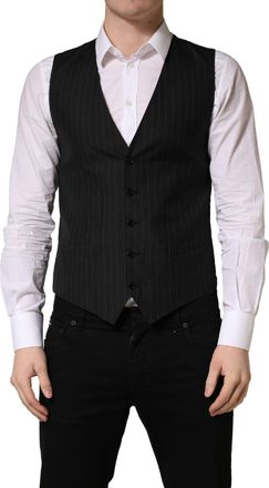 Dolce & Gabbana Mens Black Stripe Single Breasted Waistcoat Vest Virgin Wool Silk Clothing