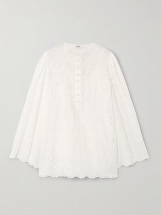 Chlo&eacute; Minikleid Aus Einer Baumwollmischung Mit Lochstickerei Und Wellenkante - Wei&szlig;