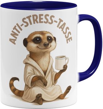 OM3 Erdm&auml;nnchen Anti-Stress Kaffee-Tasse - Lustige Meerkat Keramiktasse mit Tier-Motiv - Keramik Becher - 325ml - Beidseitig Bedruckt - Dunkelblau
