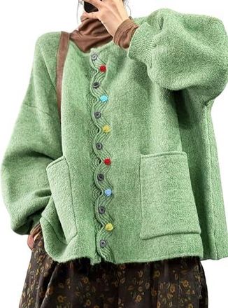 Generic Cardigan d&eacute;contract&eacute; en tricot ample surdimensionn&eacute; pour femme avec boutons color&eacute;s et manches bouffantes, Vert, XXL