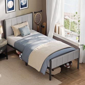 Vasagle Cadre de Lit Simple, 90 x 190 cm, avec T&ecirc;te de Lit Rembourr&eacute;e, en Acier, Supporte Jusqu&agrave; 250 kg, Montage Facile, Gris Tourterelle RMB971G01