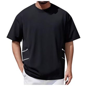 Generic T-shirt pour hommes design europ&eacute;en uni double fermeture &eacute;clair pour hommes, tendance d&eacute;contract&eacute;e, col rond ample, t-shirt &agrave; manches courtes, Noir, X