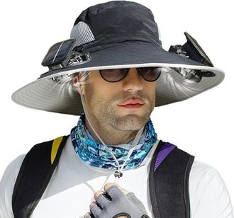 Generico Gombado de ventilateur solaire &agrave; bord large - Chapeau de plein air | Combinaison solaire UPF50+ de refroidissement, recharge USB de chapeau &agrave; bord lar