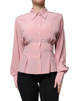Dolce & Gabbana Womens Pink Cotton Long Sleeves Collared Blouse Top Silk
