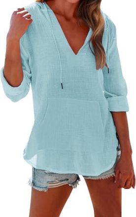 Generic Sweat &agrave; capuche &agrave; manches longues et col en V pour femme, 1b-bleu clair, XXL