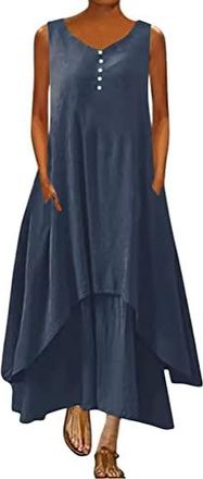 ORANDESIGNE Robe Longue Femme Kaftan en Coton et Lin Robe Ample Col V Boho Plage Eté Robes Décontracté Chic Manches Longues Grande Taille Maxi Robes A-Line 2 in 1