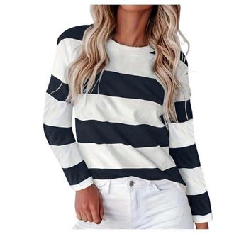 Generic Haut ray&eacute; &agrave; manches longues et col rond pour femme - L&eacute;ger - Coupe ample - Pull classique, Noir, XXL