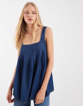 Free People Katie tunique en jean d&eacute;lavage fonc&eacute;-Bleu