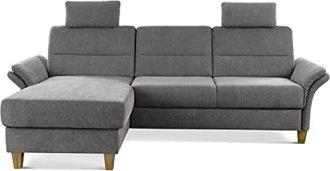 Cavadore Eckcouch Wyk mit Federkern / Ecksofa im Landhaus-Stil mit Longchair, 2 Kopfstützen + Holzfüßen / 252 x 90 x 162 / Chenille, Grau
