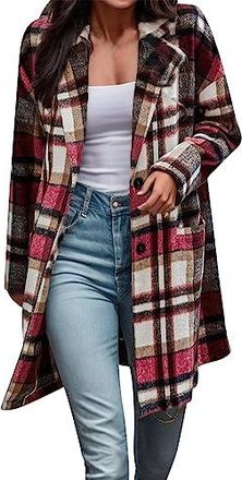 Generic Trench Coat Femme Automne Hiver Carreaux Laine Manteau avec Rabat et Poche, Rouge, XL