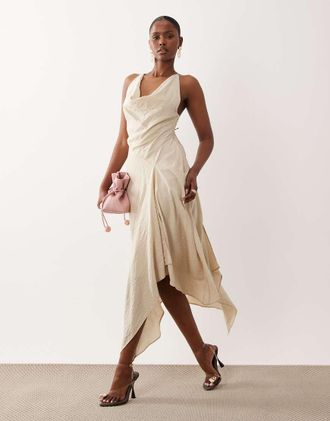 Asos Robe longue asym&eacute;trique &agrave; col b&eacute;nitier profond et dos ouvert - Taupe-multicolore