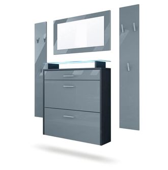 Vladon Garderobe Malea, Garderobenset bestehend aus 1 H&auml;ngeschuhschrank, 1 Wandspiegel und 2 Garderobenpaneele, Anthrazit matt/Grau Hochglanz, inkl. LED-Bele