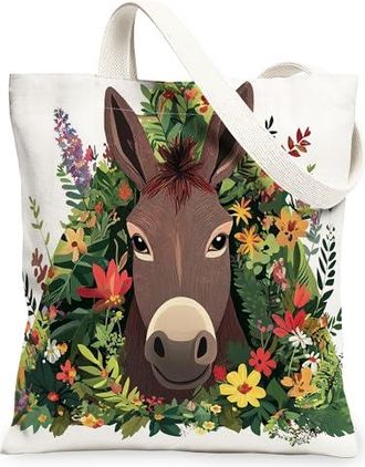 Generic Sac fourre-tout en toile motif &acirc;ne printanier pour le shopping, 33 x 38,1 cm, sac d&eacute;picerie r&eacute;utilisable avec motif imprim&eacute; de plantes, fleurs, animau