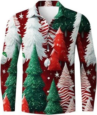 Generic Chemises de Noël pour homme - Imprimé Père Noël amusant - Bonhomme de neige - Chemise de Noël moche - Renne, élan, graphique 3D - Haut à manches longu