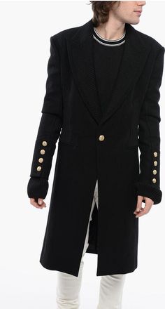 Balmain Virgin Wool Blend Coat with Ribbed Knitted Details size 46