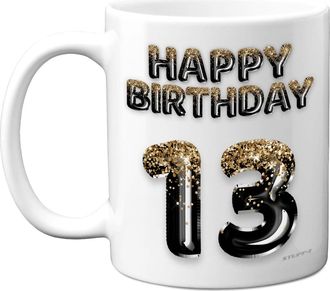 Stuff4 Geschenk zum 13. Geburtstag f&uuml;r Jungen - Schwarz-goldene Glitzerballons - Happy Birthday-Tasse f&uuml;r 13 Jahre alten Sohn, Bruder, Enkel, Cousin, Freund,