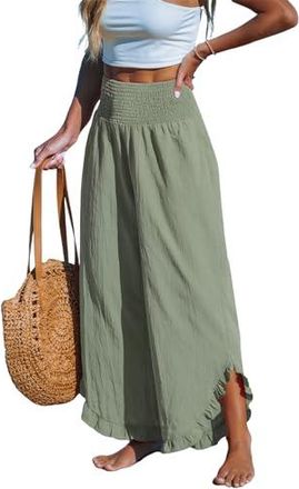 Cupshe Pantalon pour femme taille haute smockée jambe droite asymétrique à volants Pantalon dété décontracté style bohème, Olive clair, XL