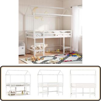 vidaXL Hochbett mit Leiter und Dach Weiß 90x190 cm Massivholz Kiefer - Kinderhochbett - Holzbett - Kiefernholzbett - Jugendzimmermöbel - Raumsparbett