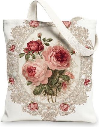 Generic Sacs à provisions en toile avec motif floral vintage, élégants et réutilisables, légers et lavables avec bandoulière, blanc, 13x15 Inch