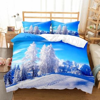Generic Bettw&auml;sche 155x220 Winterliche Schneelandschaft Bettw&auml;sche-Sets Blau und Wei&szlig; Bettbezug mit Rei&szlig;verschluss 3D Weiche Mikrofaser Bettbez&uuml;ge mit 2 Kisse