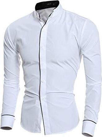Generic Chemise ajust&eacute;e &agrave; manches longues pour homme, col montant, chemise boutonn&eacute;e pour lext&eacute;rieur, couleurs unies, haut minimaliste et l&eacute;ger, haut de luxe 