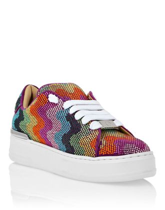 Philipp Plein Suede Lo-Top Sneakers With Crystals Waves Rainbow