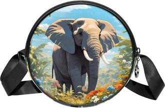 Generic Petit sac &agrave; bandouli&egrave;re rond pour femme, motif &eacute;l&eacute;phant, fleur d&eacute;l&eacute;phant avec fermeture &eacute;clair, bretelles r&eacute;glables, sac &agrave; main rond d&eacute;contract&eacute; pour 