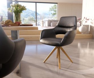 DELIFE Esszimmerstuhl Yago-Flex mit Armlehnen Echt-Leder Schwarz Holzgestell kantig Natur Taschenfederkern, Esszimmerst&uuml;hle