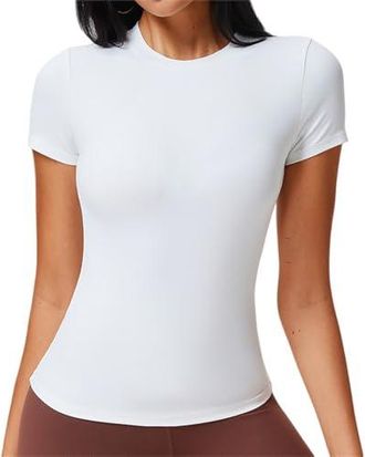 Generic Hauts courts d&eacute;t&eacute; pour femmes 2026 &agrave; manches courtes et col rond coupe ajust&eacute;e T-shirt basique Y2k mignon pour entra&icirc;nement de gym, sorties, hauts ten