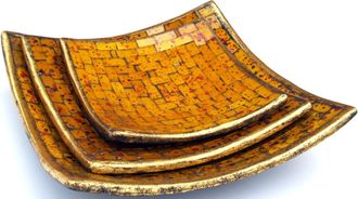 Guru Shop Eckige Mosaikschale, Untersetzer, Dekoschale, Handgearbeitete Keramik & Glas Obst Schale - Design 13, Size:3er Set