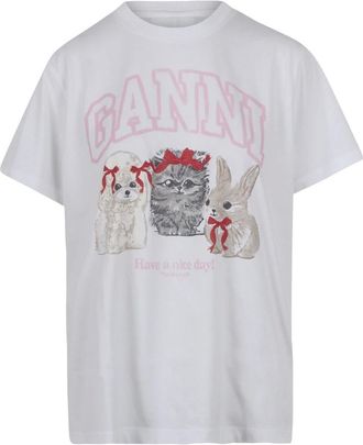 Ganni Femme, Tops, Blanc, Taille: 40 FR Puppys Print and Logo T-Shirt